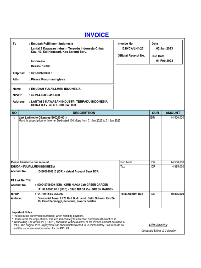 Linknet - InvoiceNo - 202301 - 1219 - CA - LN - I - 23 | PDF ...