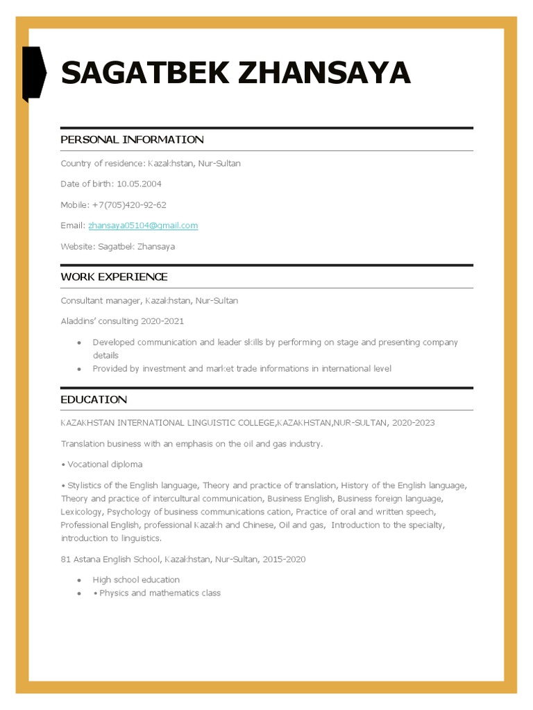 Sagatbek Zhansaya's Personal and Professional Profile | PDF