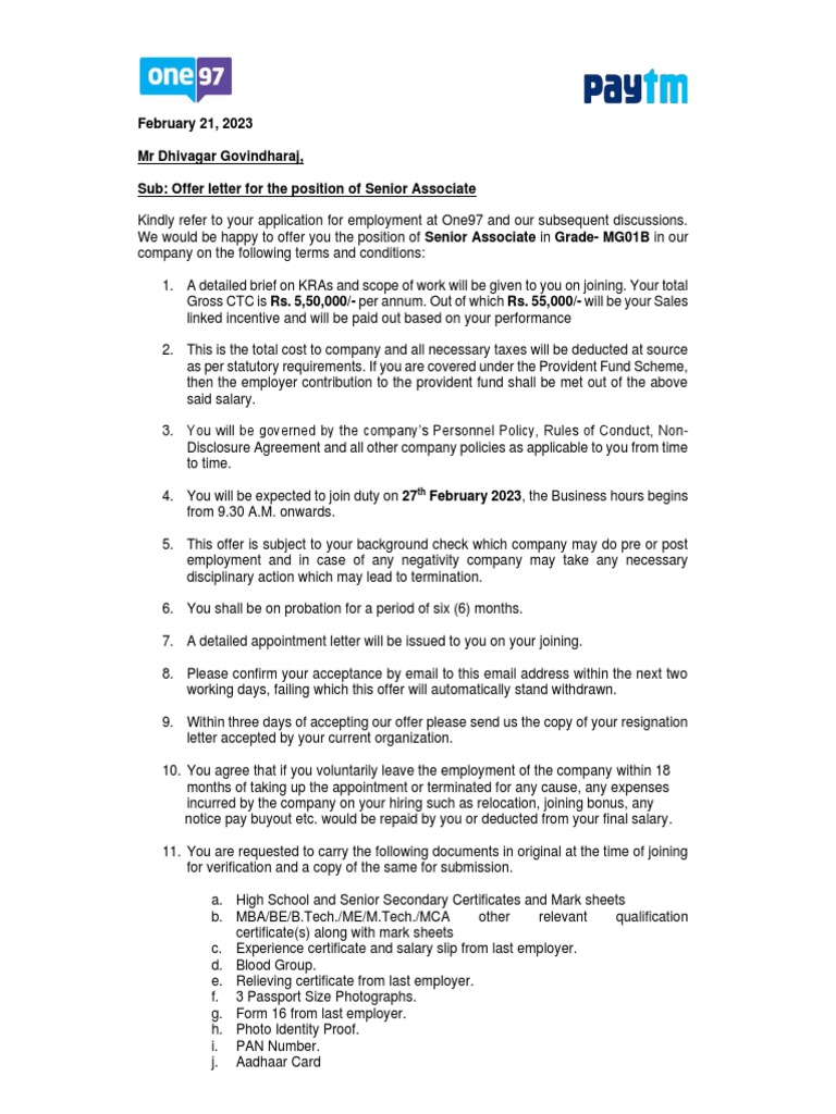 Paytm Senior Associate Offer Letter | PDF | Employment | Salary