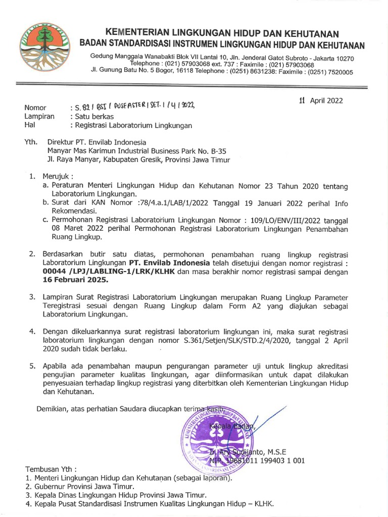 SK Penambahan Ruang Lingkup Lab Ling Envilab 2022 | PDF