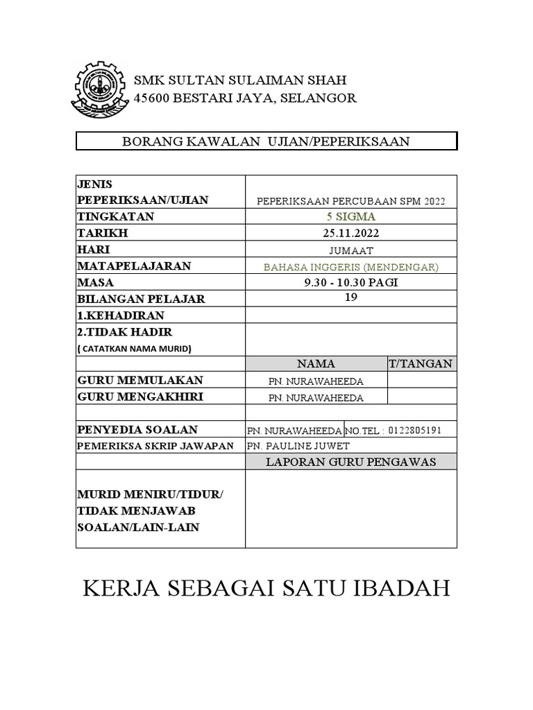 Borang Ujian Peperiksaan SPM 2022 | PDF