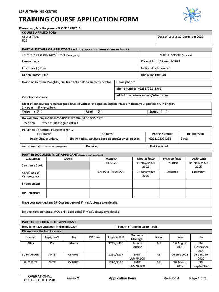 H2S Training Course Application Form | PDF | Payments | Fee