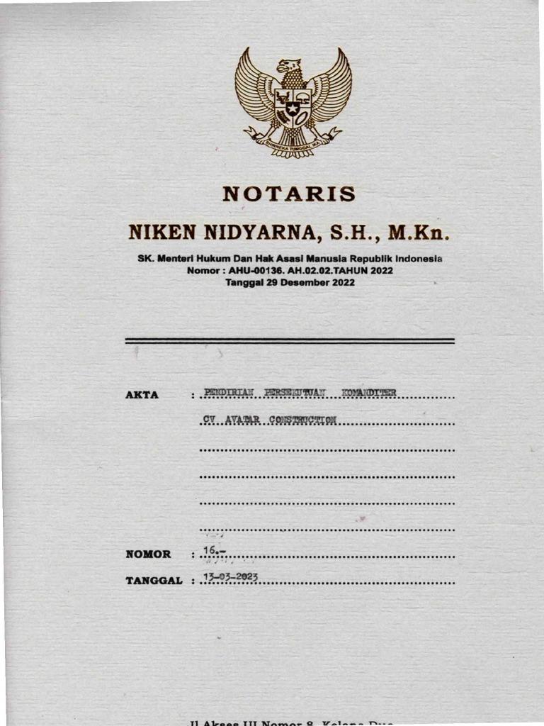 Akta Pendirian CV Avatar Construction | PDF