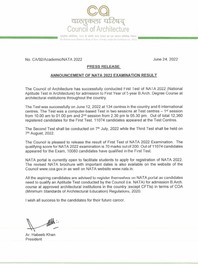 NATA 2022 Press Release First Test Result | PDF