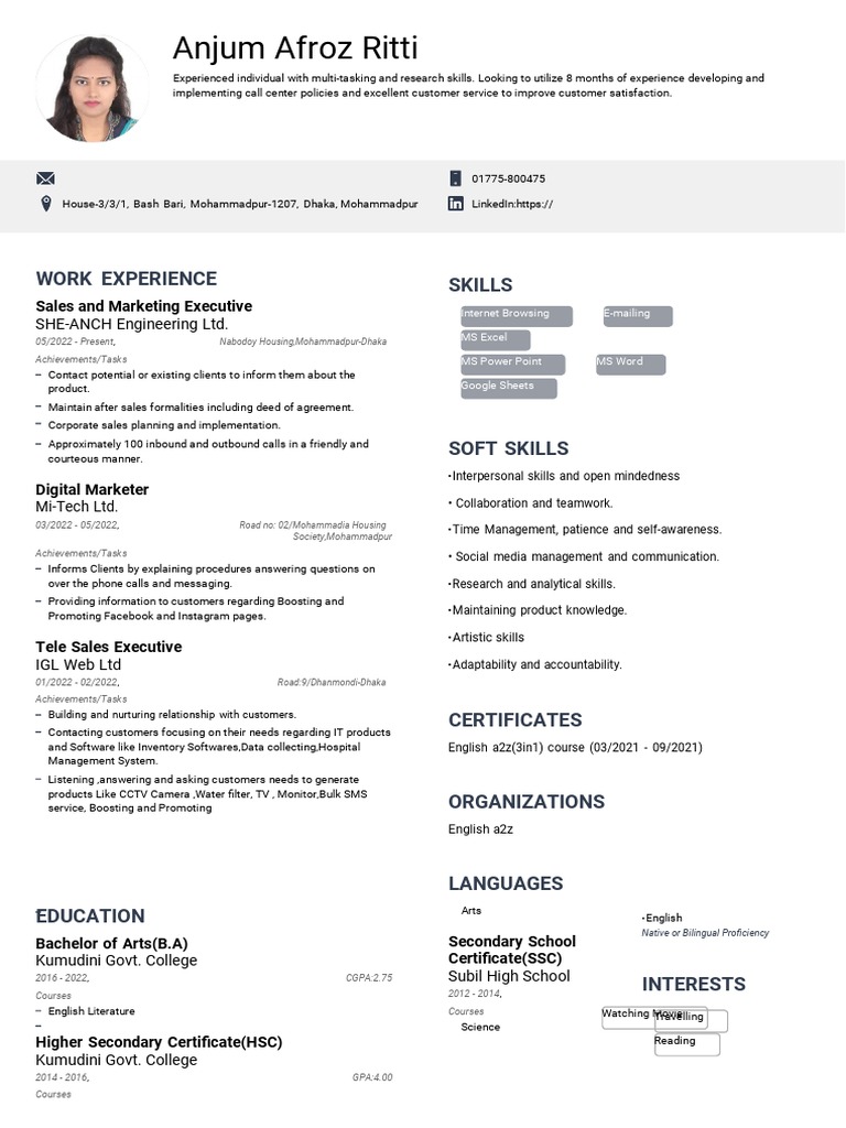 Anjum's Resume | PDF | Sales | Call Centre