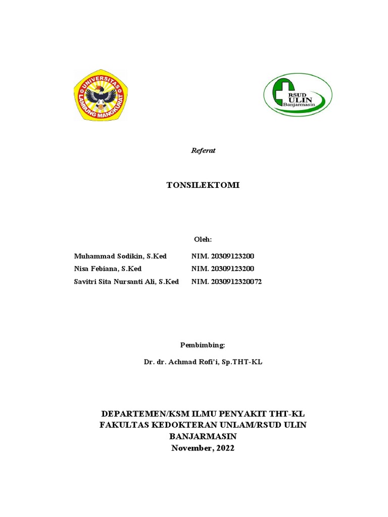 Referat Tonsilektomi | PDF | Sains & Matematika