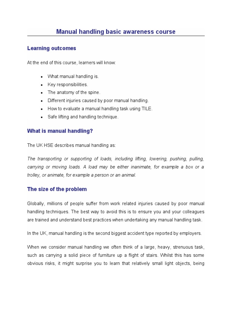 Manual Handling Basic Awareness Course | PDF | Occupational Safety And ...