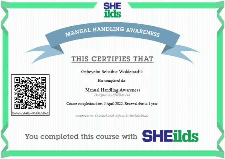Manual Handling Awareness - Course Completion Certificate 1091 | PDF