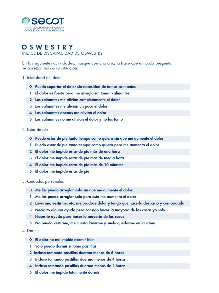 Escala Oswestry | PDF | Medicina CLINICA | Medicina