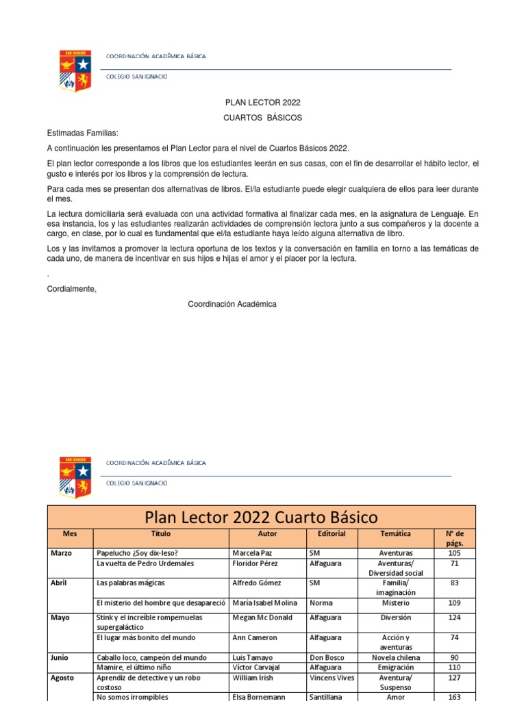 Plan Lector Cuarto Básico 2022 | PDF