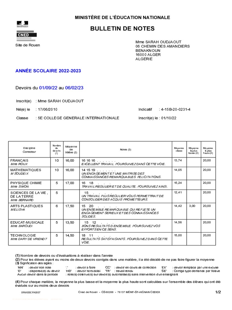 Bulletin scolaire 2022-2023 | PDF