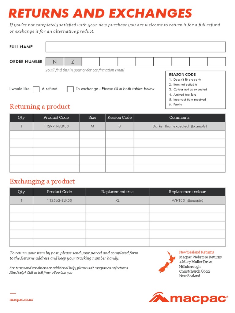 Macpac NZ Exchange Form | PDF