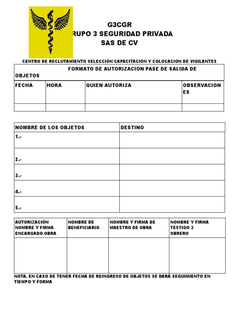 Formato de Pase de Salida de Objetos | PDF