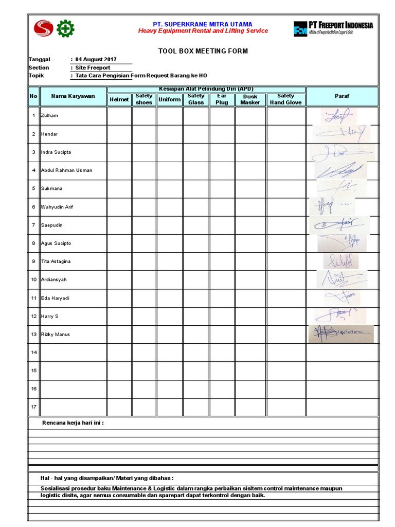 FORM TOOL BOX MEETING 4 Agustus 2017 | PDF