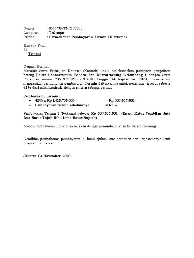 Surat Permohonan Pembayaran Termin 1 ... | PDF