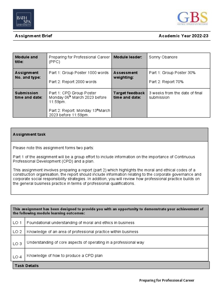 Preparing For Professional Career Assignment Brief 2023 | Download Free PDF | Professional ...