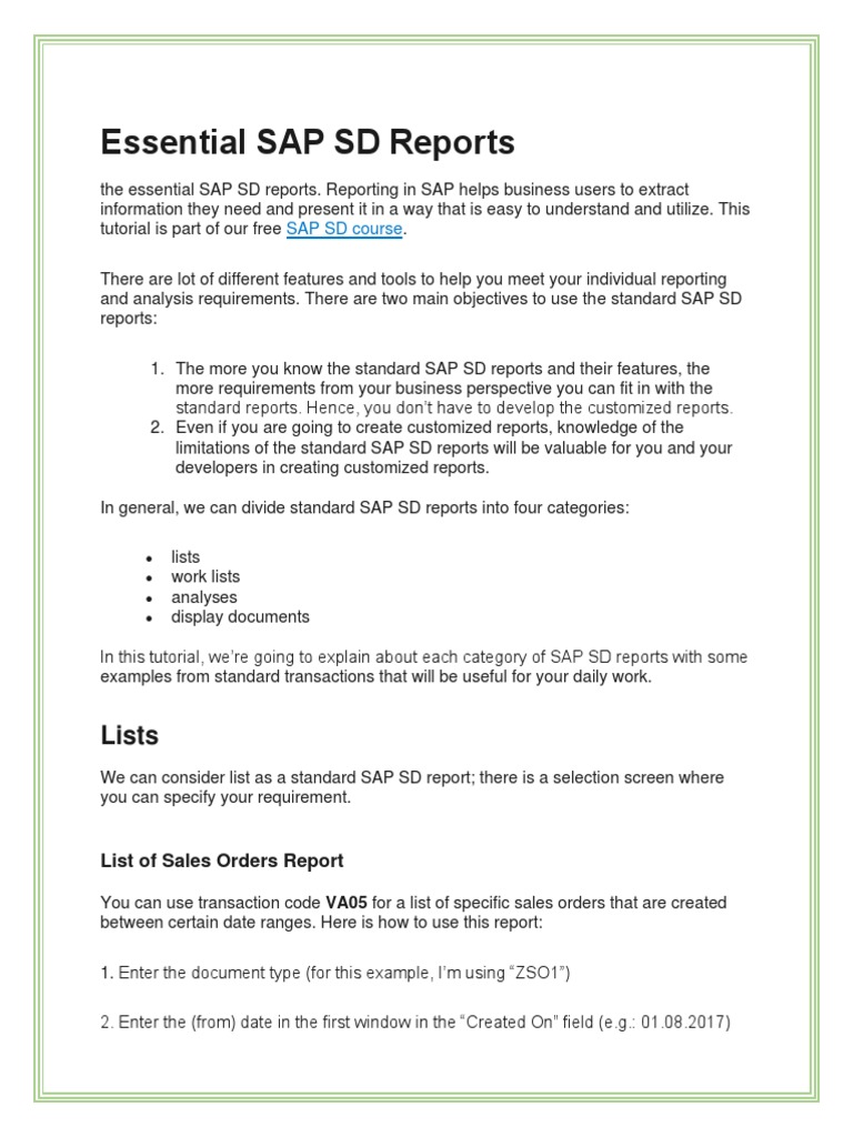 Essential SAP SD Report | PDF | Button (Computing) | Sales