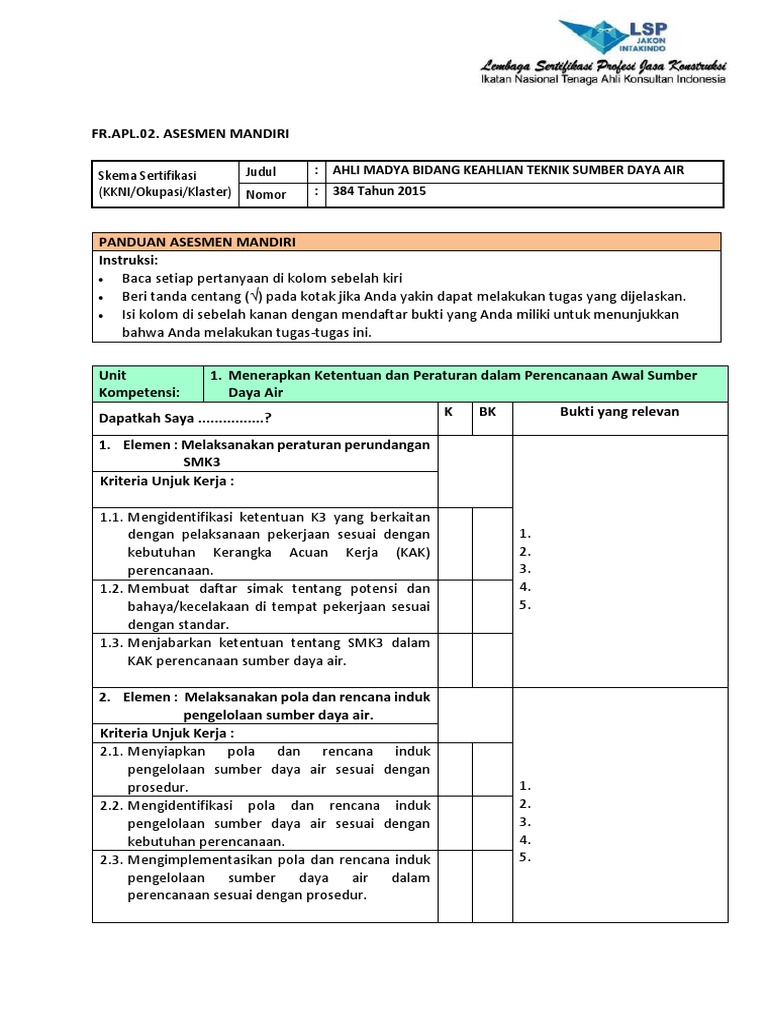 D2.9. FR - APL.02 Ahli Madya Teknik Sumber Daya Air | PDF | Hukum