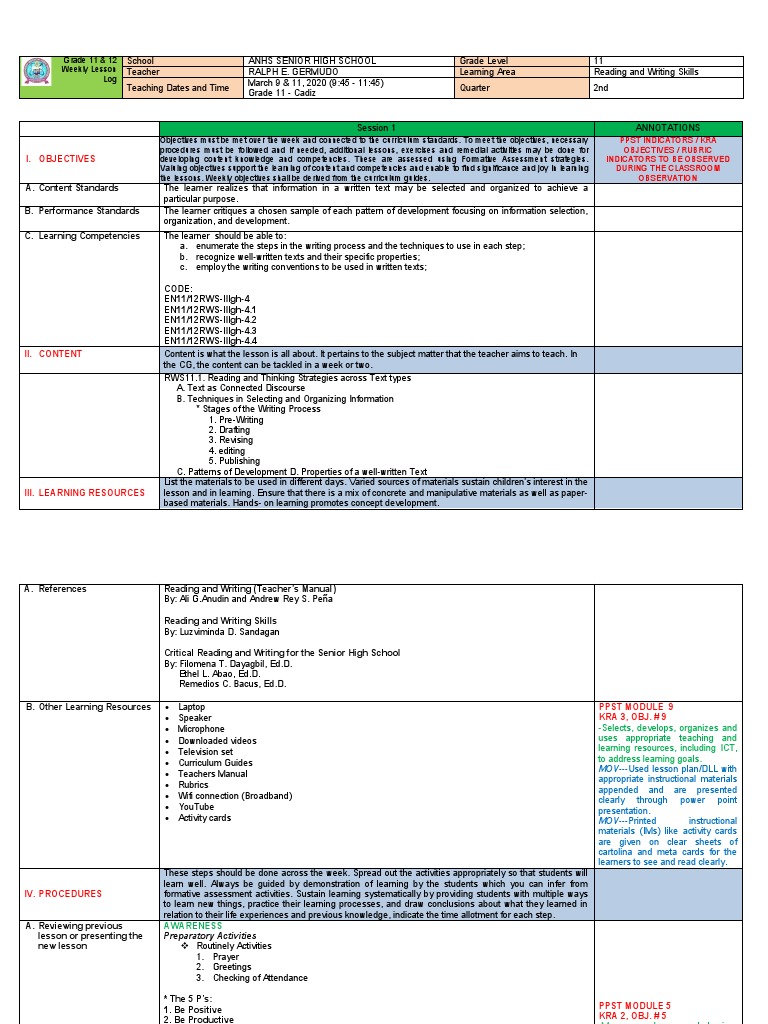 Annotated Editted - Weekly Lesson Log - Stages of Writing Process | PDF ...