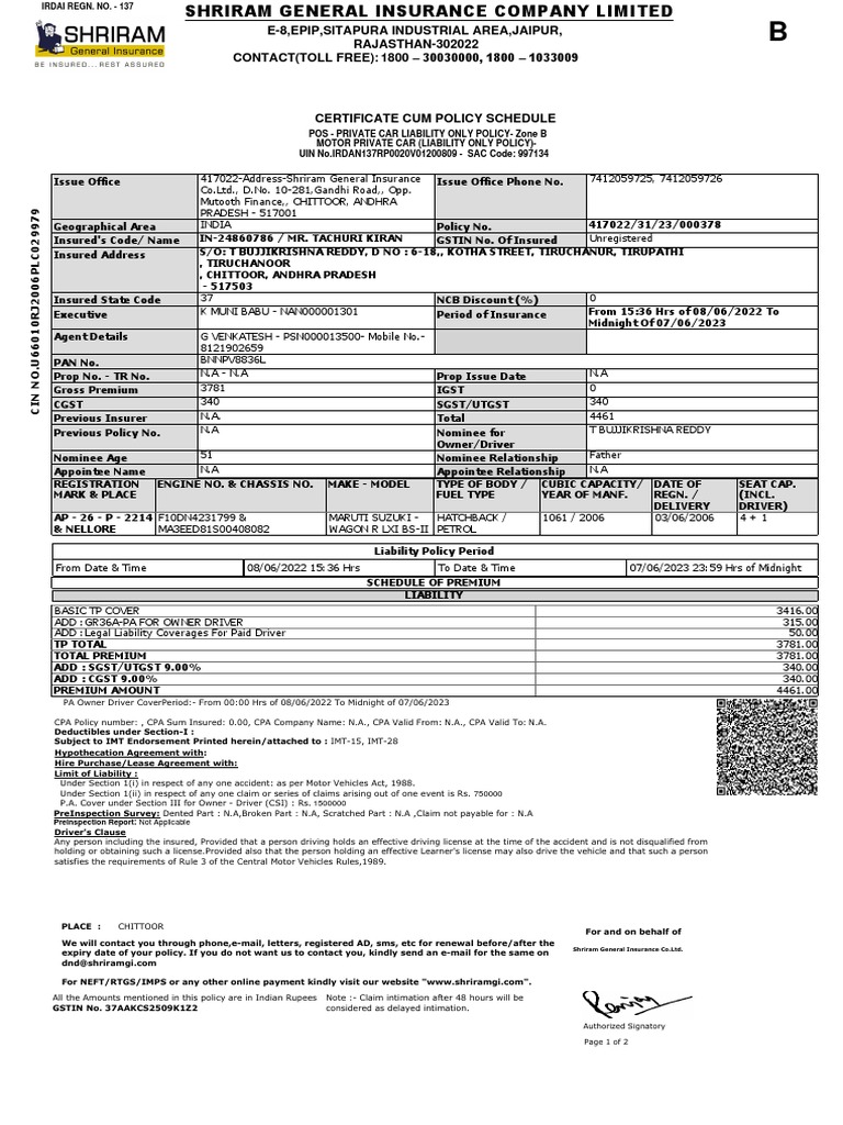 Certificate of Insurance and Policy Schedule for a Private Car ...