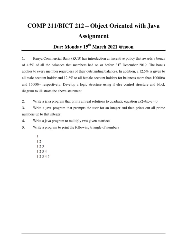 COMP 211 - BICT 212 - Object Oriented With Java - Assignment | PDF COMP 211 - BICT 212 - Object Oriented With Java - Assignment | PDF