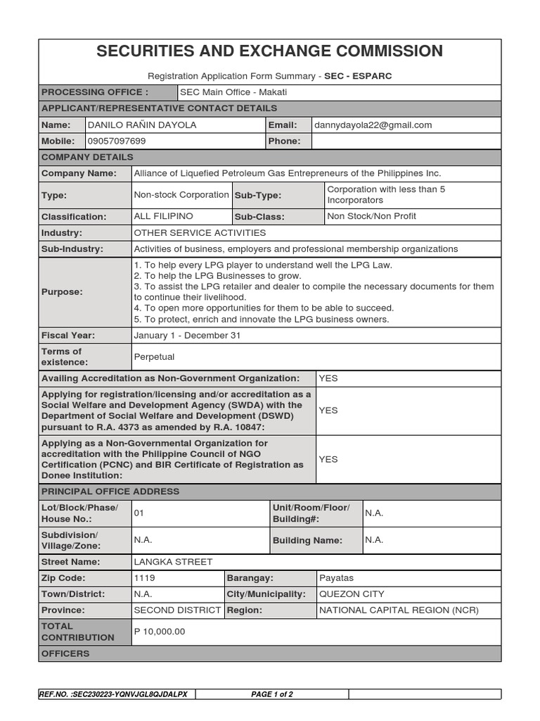 Registration Application for the Alliance of Liquefied Petroleum Gas ...