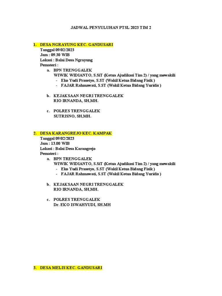 Jadwal Penyuluhan PTSL 2023 Tim 2 | PDF