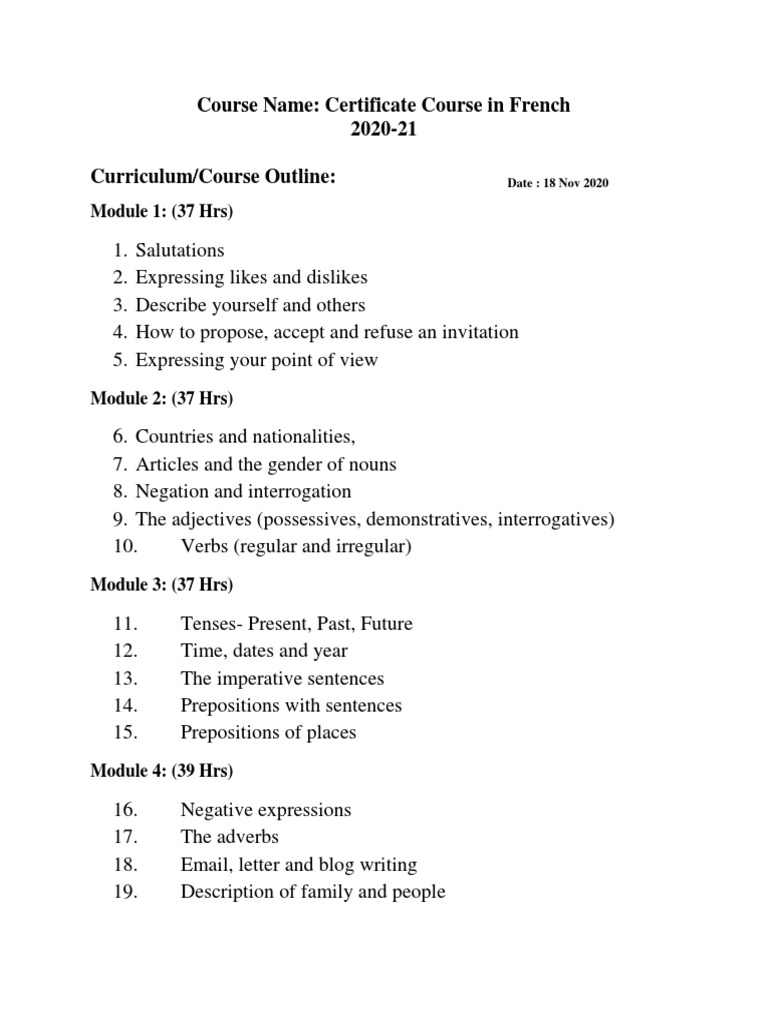 Certificate Course in French Overview | PDF | French Language | Adverb