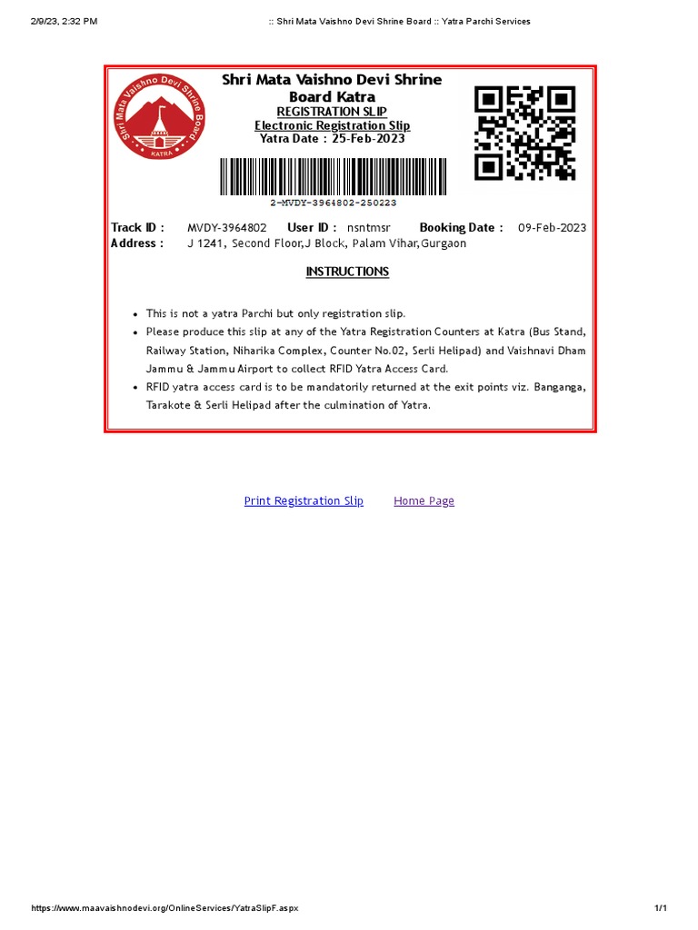 Shri Mata Vaishno Devi Shrine Board - Yatra Parchi Services PDF | PDF