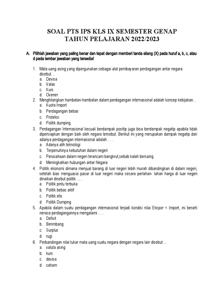 Soal PTS Ips Kelas 9 SMT 2 | PDF