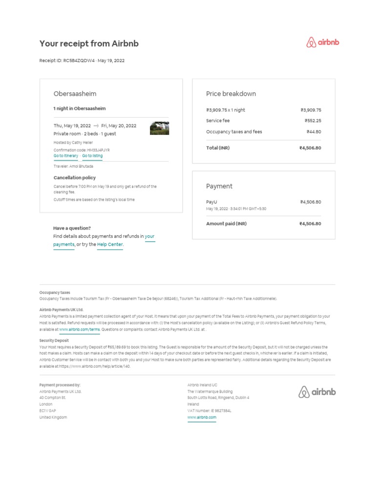 19th May Cathy Airbnb Travel Receipt RC5B4ZQDW4 | PDF | Receipt | Airbnb