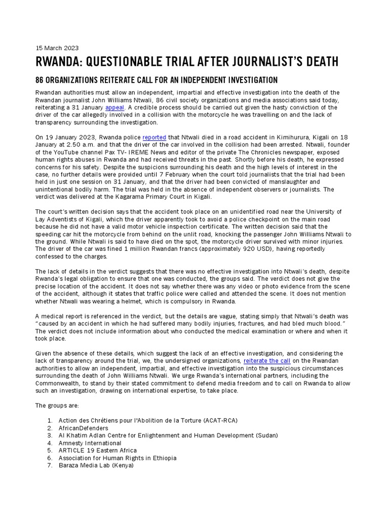 Joint Statement On John Williams Ntwali | PDF | East Africa | Africa