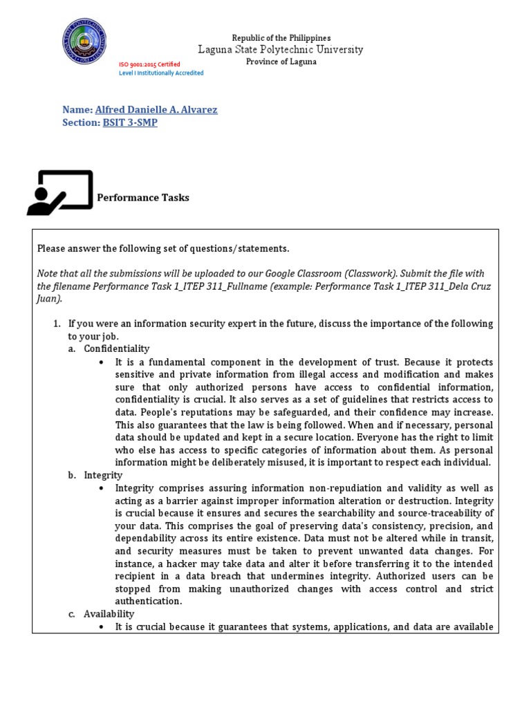 Performance Task 1 - ITEP 311 | PDF | Information Security | Information Technology