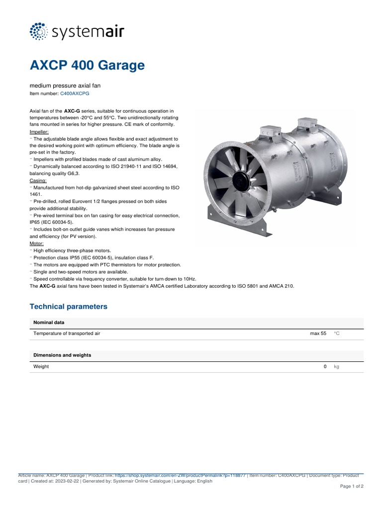 AXCP 400 Garage Axial Fan Specs | PDF | Electrical Engineering ...