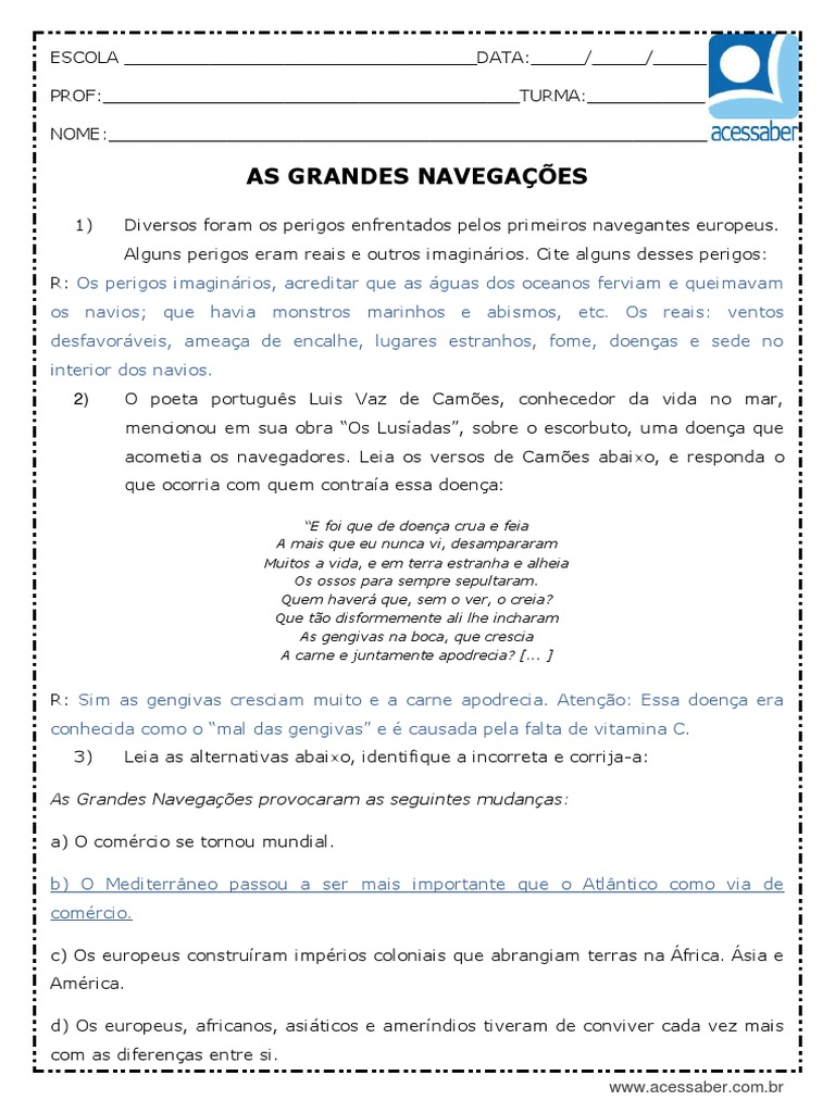 Atividade De Historia As Grandes Navegacoes 7 Ano Com Resposta Pdf