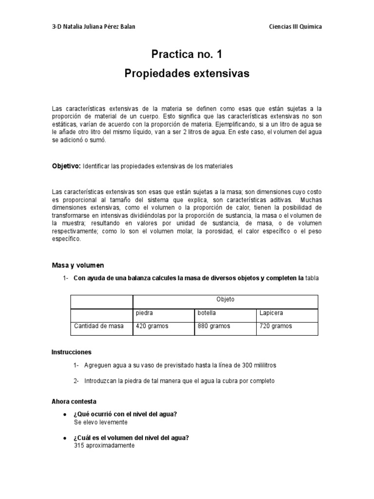 Practica No. 1 Propiedades Extensivas | PDF | Volumen | Masa