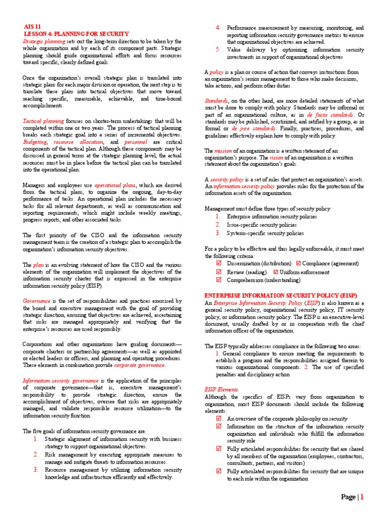 LESSON 4 Planning For Security PDF | PDF | Information Security | Strategic Planning