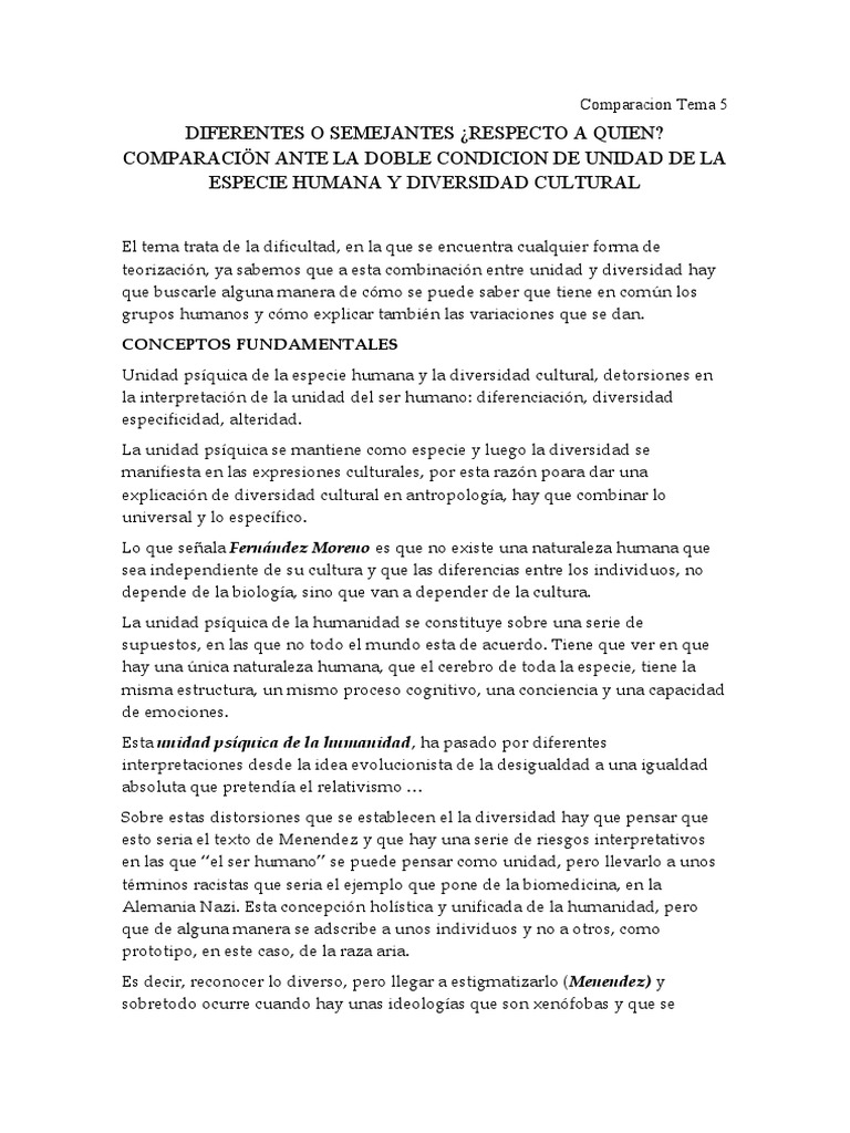 Tema 5. Comparaciön Ante La Doble Condicion de Unidad de La Especie ...
