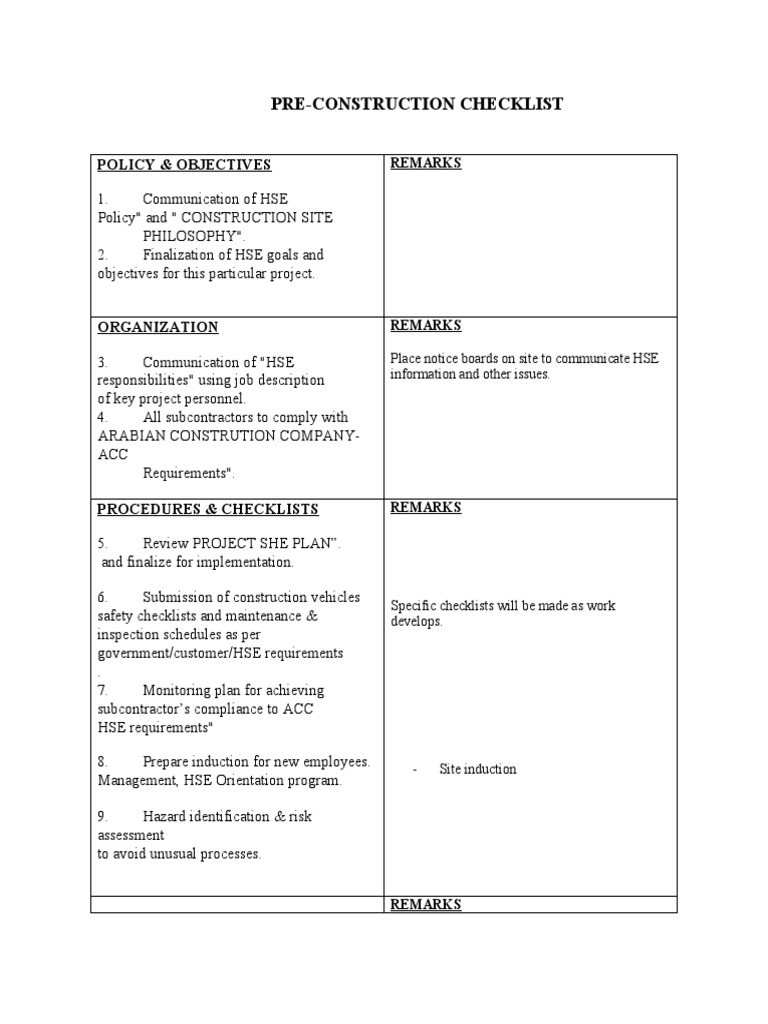 Tentative Pre Construction Checklist For Acc | PDF | Occupational ...