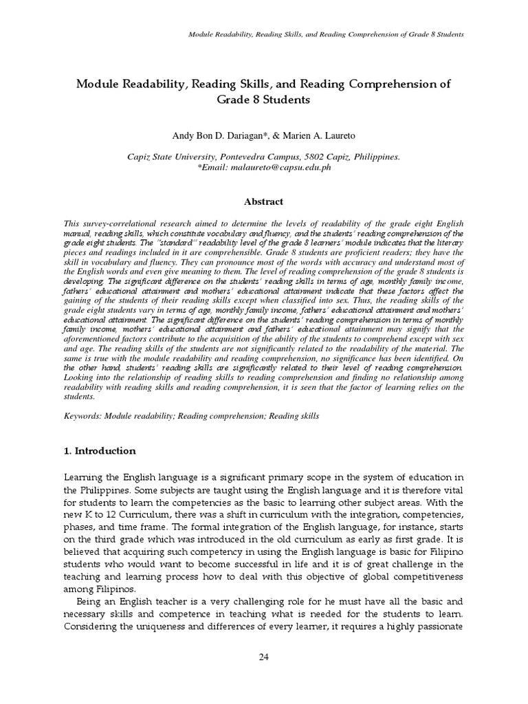 Module Readability, Reading Skills, and Reading Comprehension of Grade ... Module Readability, Reading Skills, and Reading Comprehension of Grade ...