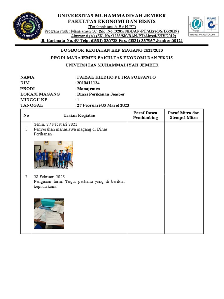 LOGBOOK KEGIATAN BKP Magang Genap 2022-2023 Minggu Ke-1 - Faizal Riedho ...