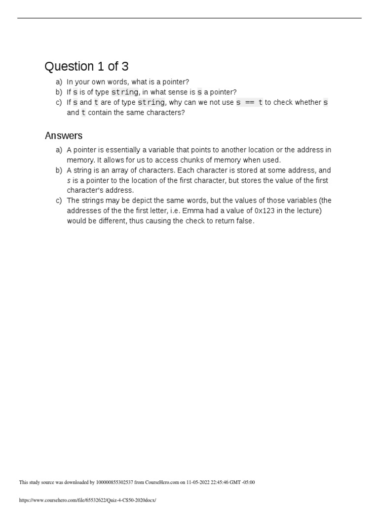 Quiz 4 CS50 2020 | PDF | Pointer (Computer Programming) | String (Computer Science)