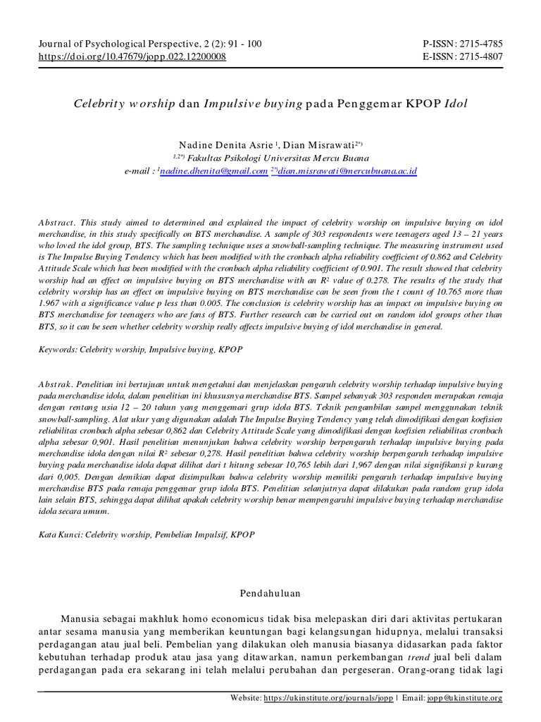 Celebrity Worship Dan Impulsive Buying Pada Penggemar KPOP Idol | PDF | Attitude (Psychology ...