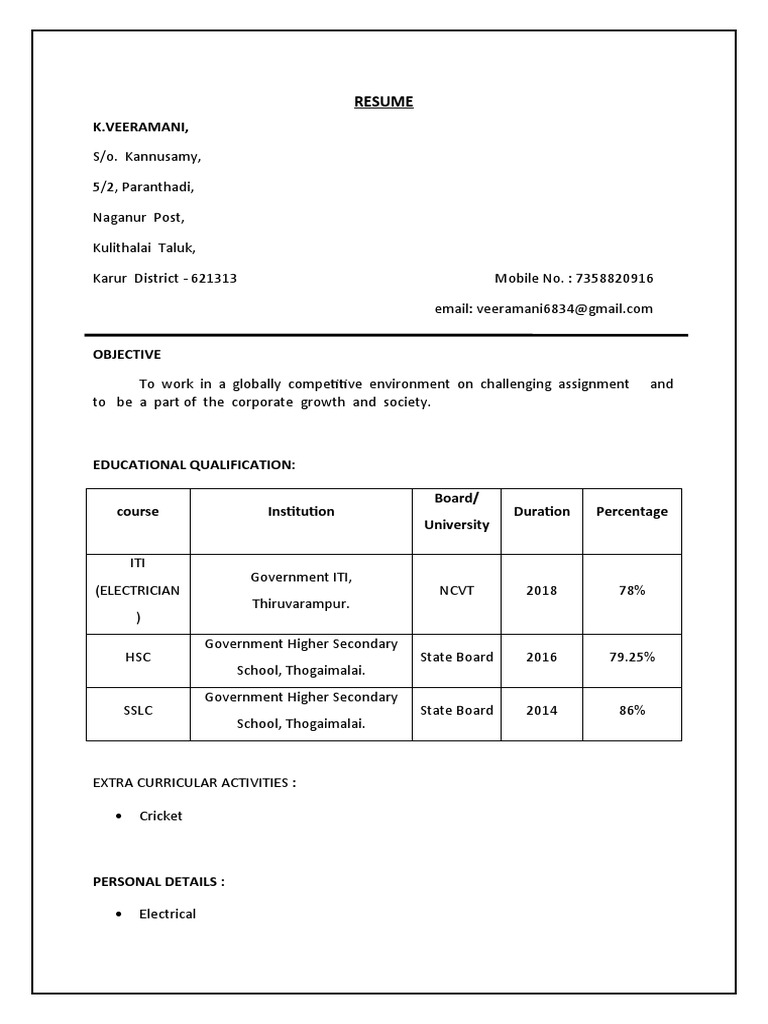Resume for Electrician with ITI and HSC Qualification | PDF | Behavior ...