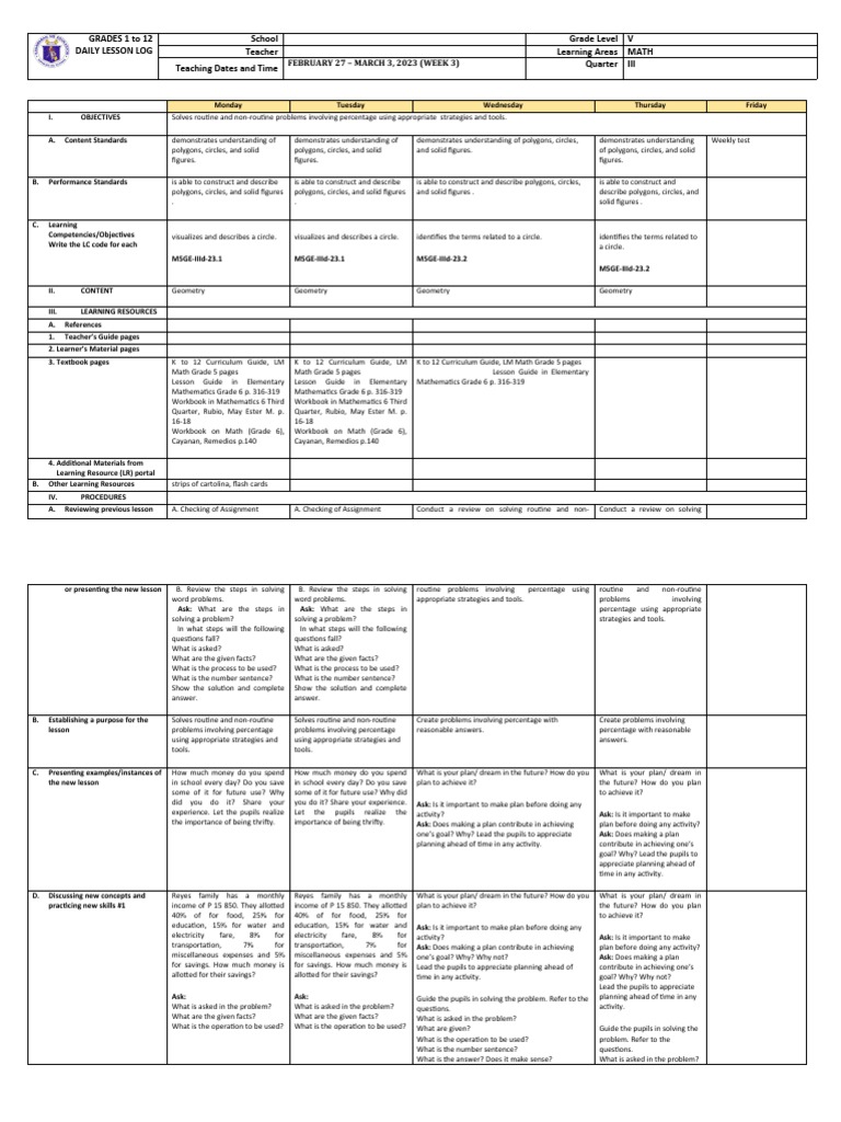 Grade 5 DLL MATH 5 Q3 Week 3 | PDF | Mathematics | Curriculum