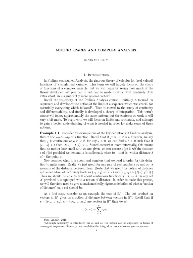 Metric and Complex Complete Notes | PDF | Continuous Function | Limit ...