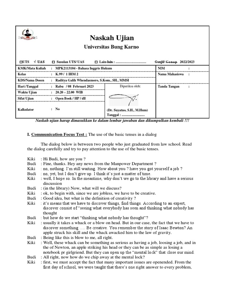 12soal Uas K 99 Raditya Bahasa Inggris Hukum 1 1 Pdf