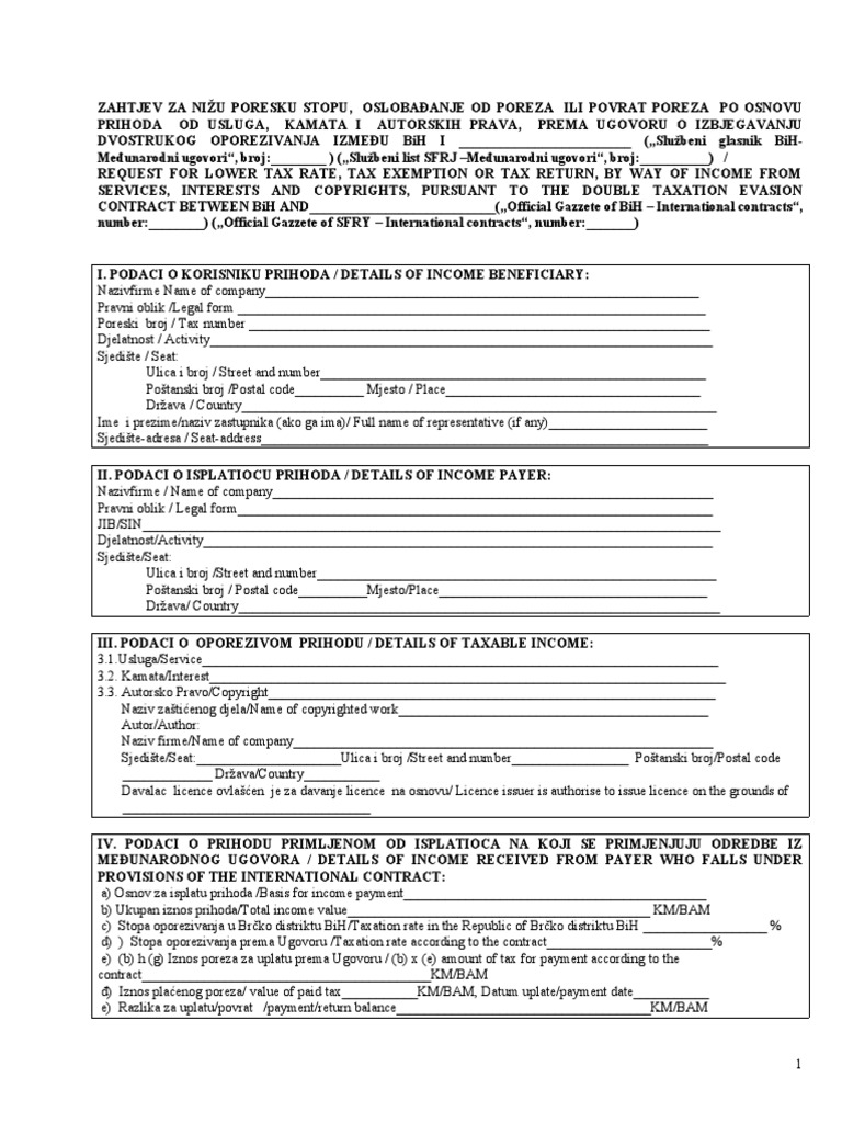 DFPU-Obrazac-Zahtjev Za Nizu Poresku Stopu Oslobadanje Od Poreza Ili Povrat Poreza-Lat | PDF