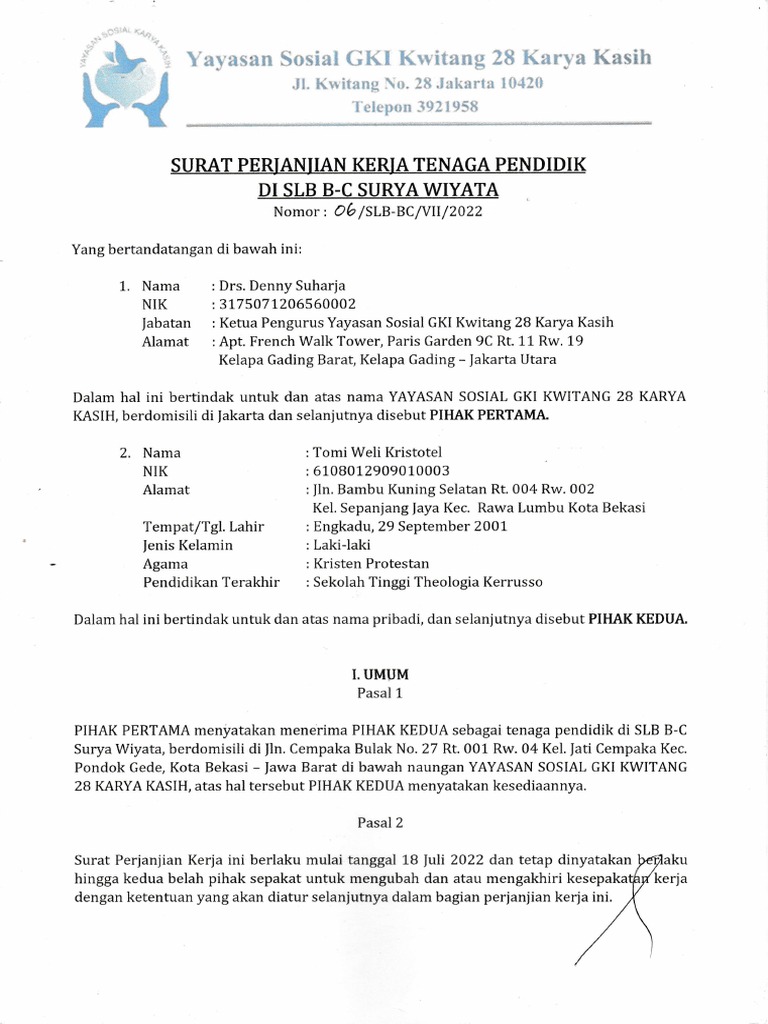 Surat Perjanjian Kerja Tomi | PDF