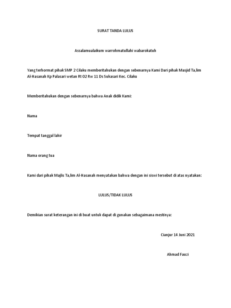 SURAT TANDA Lulus Sekolah agama-WPS Office | PDF